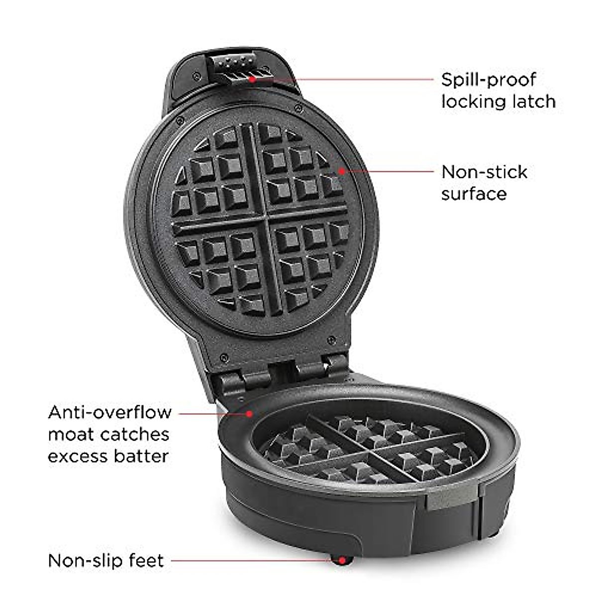 Chefman Anti-Overflow Belgian Waffle Maker w/Shade Selector, Temperature Control, Mess Free Moat, Round Iron w/Nonstick Plates & Cool Touch Handle, Measuring Cup Included, Black