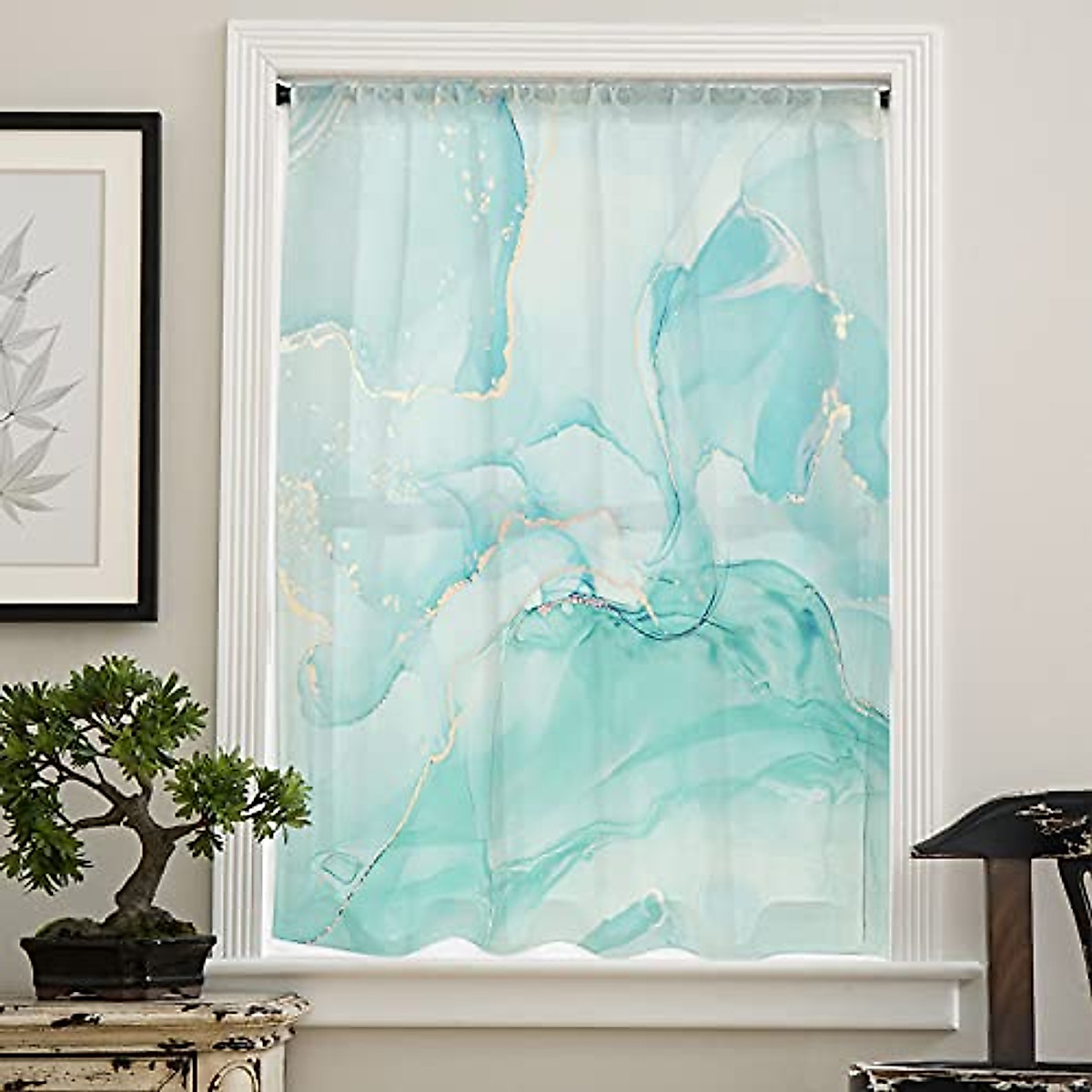 Chiffon Sheer Curtains & Drapes 54 Inch Long, Lightweight Breathable Voile Window Curtain Panels Turquoise Green Marble with Gold Glitter Splatter Curtains Backdrop Drapes for Livingroom Wedding