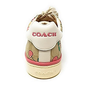COACH Women's Clip Low Top Sneakers (Signature Canvas - Heart Cherry Print - Khaki/Pink, us_Footwear_Size_System, Adult, Women, Numeric, Medium, Numeric_9)
