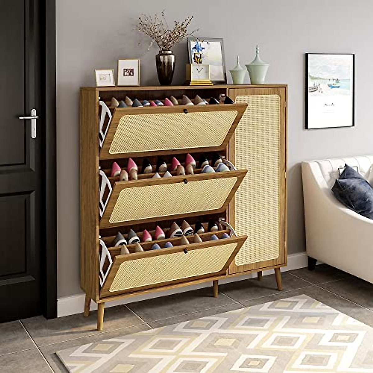 FOKWE Natural Rattan Shoe Cabinet, Shoe Cabinet with 3 Flip Drawers and Storage Shelves, Modern 3-Tier Shoe Rack Storage Cabinet for Entryway, Hallway, Bedroom(Walnut)