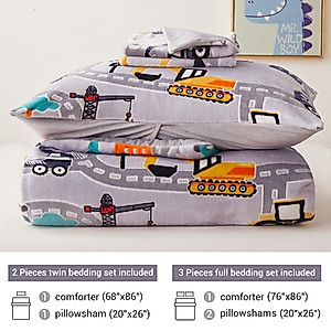 Mooreeke Glow in The Dark Twin Plush Fleece Comforter Bed Set, Soft & Warm 2 Piece Bed in A Bag with Sham, Velour Velvet Grey Excavator Highway Boys Kids Bedding Set, Fluffy Fuzzy Polar Cozy