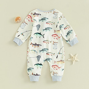 Lamuusaa Western Baby Girl Boy Clothes Long Sleeve Cow Print Romper Zipper Bodysuit Jumpsuit One Piece Fall Winter Outfit (Fish-White, 0-6 Months)