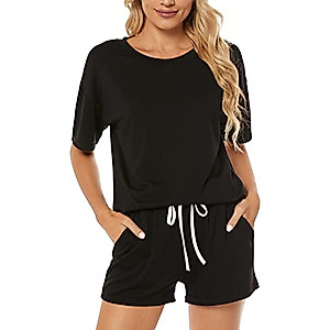 LOCUBE Women's Pajama Sets Soft Comfy Short Sleeve Lounge Outfits Pj Set Shorts with Pockets (Black 2, Medium)