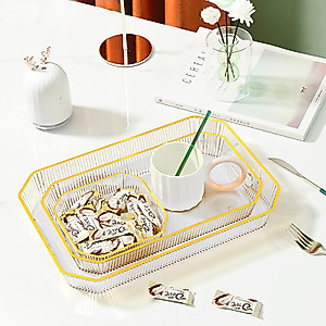 4 Pack Serving Tray with Handles, Gold Serving Tray for Party Breakfast Kitchen Dinner, Clear Decorative Ottoman Tray for Tea, Coffee,Multi-Use Plastic Trays Set