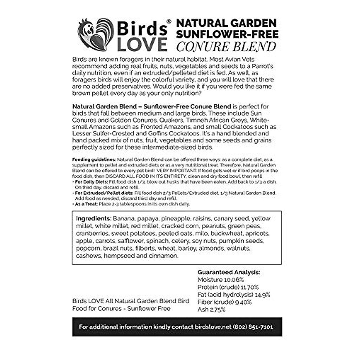 Birds LOVE All Natural Garden Blend Bird Food for Conures - Sunflower Free 2lb