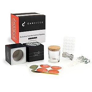CANDECOR 8 Pack 10oz Clear Glass Candle Jars Kit - Complete Set with Bamboo Lids, Sticky Warning Labels, Customized Boxes, Wick & Holder - Ideal for DIY Candle Making - Dishwasher Safe