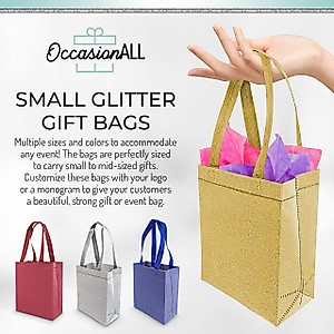 Gold Gift Bags - 12 Pack Medium Reusable Gift Bag Tote with Handles, Holographic Glitter Design, Eco Friendly for Christmas & Holiday Gifts, Birthday, Wedding & Party Favors, in Bulk - 8x4x10