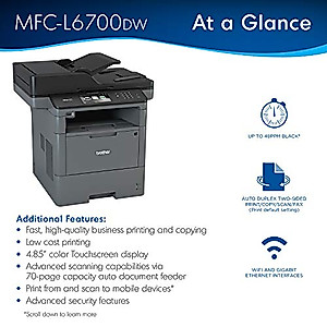 Brother Monochrome Laser Printer, Multifunction Printer, All-in-One Printer, MFC-L6700DW, Advanced Duplex, Wireless Networking Capacity, 70-Page ADF Capacity, Amazon Dash Replenishment Ready