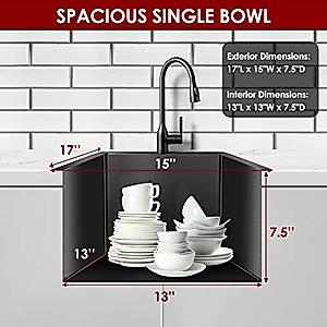 BURCHAIN 17 x 15 Inch Drop in Kitchen Sink Top mount Bar Sink 16 Gauge Stainless Steel Single Bowl Workstation with Sink Protector (Black)