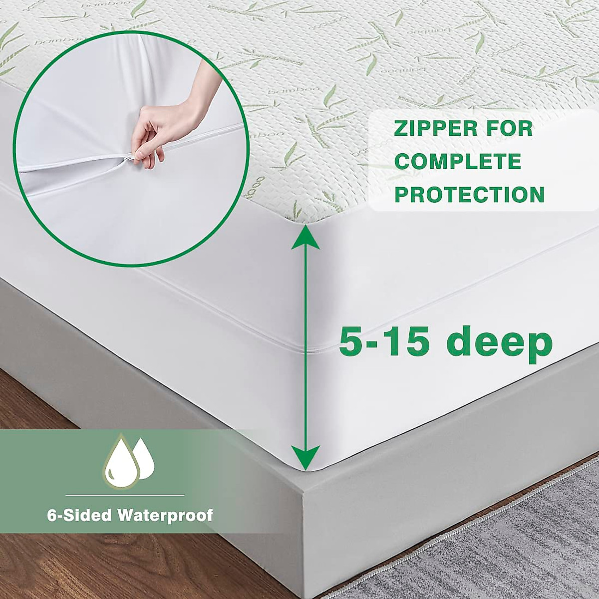 Parkdeny King Mattress Encasement, Waterproof Cooling Rayon from Bamboo, 3D Air Fabric, Breathable, Noiseless, Washable, Fits 5"-15" Deep Mattresses