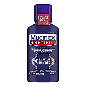 Mucinex Nightshift Sinus, Cold And Flu Cough Medicine For Adults, Powerful Nighttime Sinus Medicine For Sinus Relief, Sore Throat Relief, Cough Suppressant & Nasal Decongestant For Adults, 6 Fl Oz