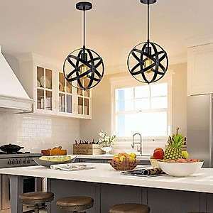 Crybeno Industrial Black Pendant Light, Vintage Spherical Pendant Light Fixtures, Metal Globe Hanging Lamp Light Fixture, Changeable Pendant Lighting for Kitchen Island Bedroom Dining Room Farmhouse