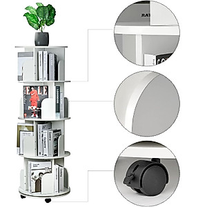 usego 4 Tier Rotating Bookshelf with Wheel Wood 360° Floor Standing Bookcase Display Storage Rack Multi-Functional Bookshelf Organizer for Home Office Living Room Study