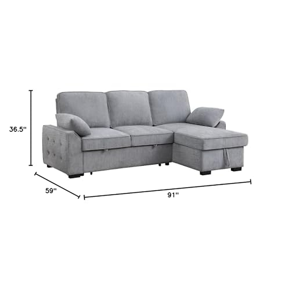 Lilola Home Mackenzie Light Gray Chenille Fabric Sleeper Sectional with Right-Facing Storage Chaise, Drop-Down Table, Cup Holders and Charging Ports