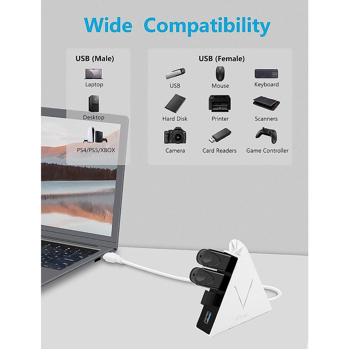 JoyReken USB 3.0 Hub,4 Port USB Hub Tower,2ft Cable USB Splitter for Laptop,PC, PS4,PS5,Xbox,Mouse,Keyboard, Flash Drive, U-Disk (White)