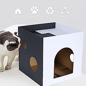 Corrugated Cardboard Cat House & Scratcher for Indoor Cats with Hammock Cat Scratching House,Scratching Pad, Cat House,Cat Scratching House (Black White)