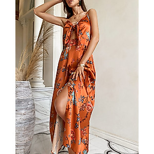 Fashionme Women Spaghetti Strap Midi Satin Dresses Tie Front Backless Split Summer Casual Floral Dress Hollow Flowy Slip Dress Sundress Wedding Guest Beach Cocktail Graduation Orange