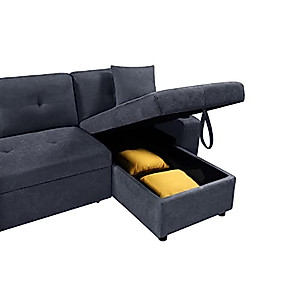 Longrune Modern Velvet Sectional Convertible with 2 Cupholders and Two Side Pockets,Reversible Pull Out Couch Storage Chaise Lounge for Living Room Apartment, Dark Gray