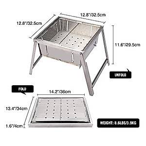 REDCAMP Pop up Camping Flatfold Fire Pit Portable & Wood Burning, 12.8" Folding Collapsible Stainless Steel Backpacking Grill Charcoal for Outdoor Cooking BBQ