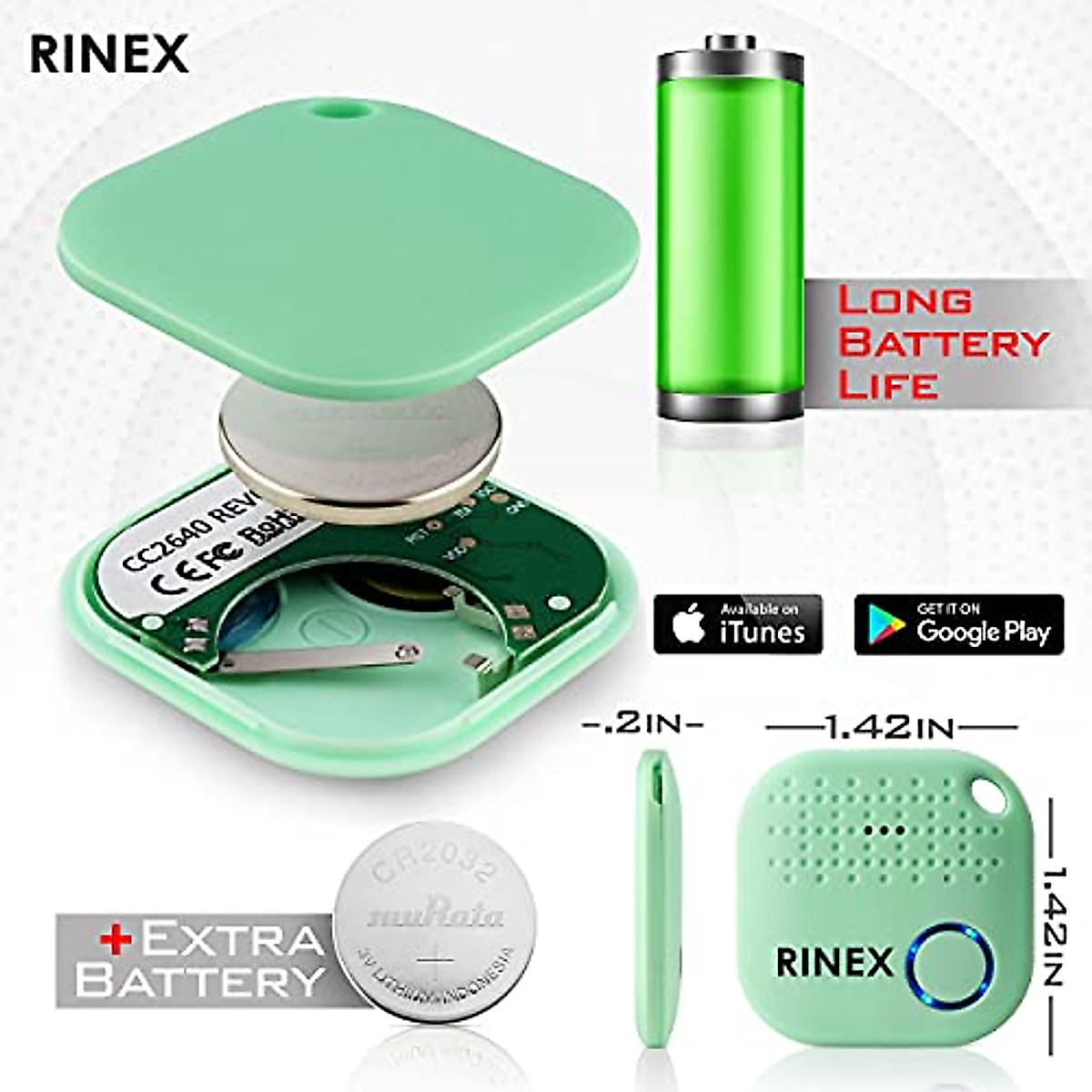 Bluetooth Key Finder – Key Locator Device with App, Siri Compatibility, & Extra Battery – Anti-Lost Keychain Tracker Device for Phone by Rinex- 2 Pack & Green and White