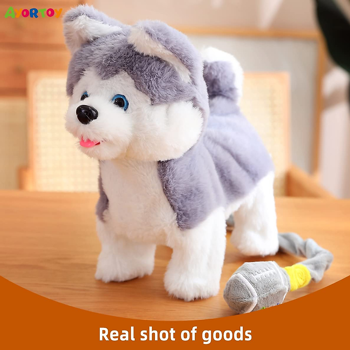 AYORTOY Plush Interactive Children's Toy Husky Dog with Control Leash Toy Dog can Walk and bark, Repeat What You say, Ear Movement, Singing, Electronic Realistic Dog Filling Animal, 11.4 inches