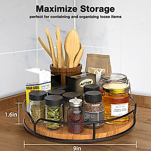 Lazy Susan Turntable Organizer for Cabinet Pantry Kitchen Countertop Refrigerator Cupboard, Pine Wood, 9", Carbonized Black