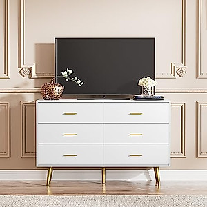 LYNSOM White Dresser for Bedroom, Modern 6 Drawer Dresser with Gold Handles, Wood Chest of Drawers for Kids Bedroom, Living Room
