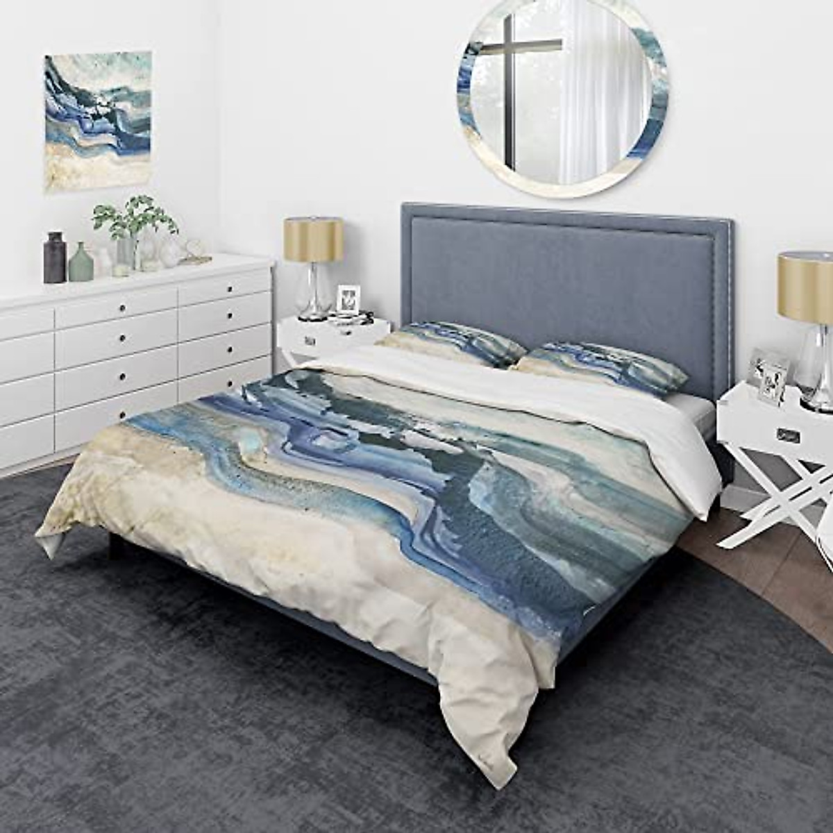 DesignQ Coast Blue Sea Waves Watercolour Nautical & Coastal Duvet Cover Set, Blue Duvet Cover Set King, Abstract Bedding Set of 3 Pieces, All Season Nautical & Coastal Bedding Sets King