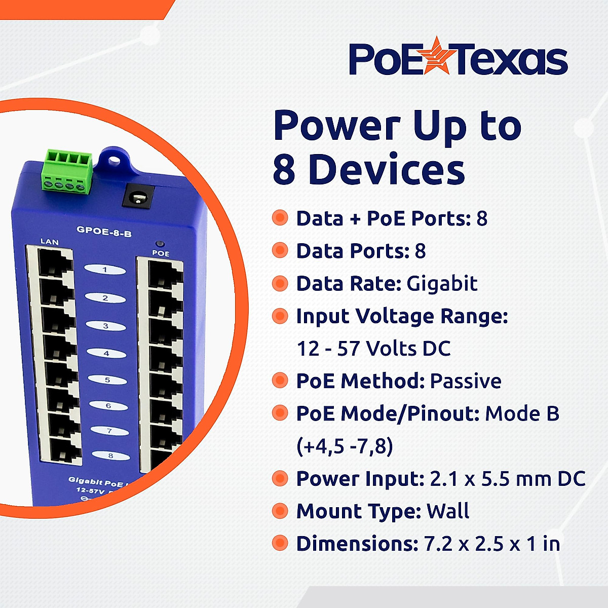 PoE Texas GPOE-8B - 8 Port PoE Injector - Gigabit Passive Mode B Power Over Ethernet Injector for Ubiquiti, Mikrotik & More - Add PoE to A Non-PoE Switch - 24v, 48v or 56v Power Supply Sold Separately