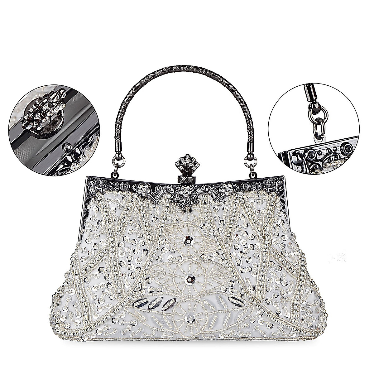 Fashion Vintage Style Handbag Beaded Sequined Evening Bag Wedding Party Handbag Rhinestone Clutch Purse (Silver)
