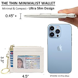 Small Pocket Wallet Slim RFID Blocking Card Holder Keychian Zipper Coin Purse Mini Cash & Coin & Cards Case for Women Men (White)