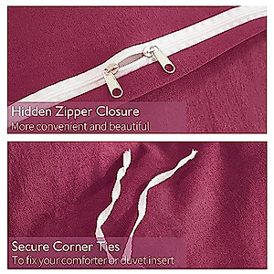 Andency Pom Pom Fringe Duvet Cover Queen Size (90x90 Inch), 3 Pieces (1 Solid Burgundy Red Duvet Cover, 2 Pillowcases) Soft Washed Microfiber Duvet Cover Set with Zipper Closure, Corner Ties