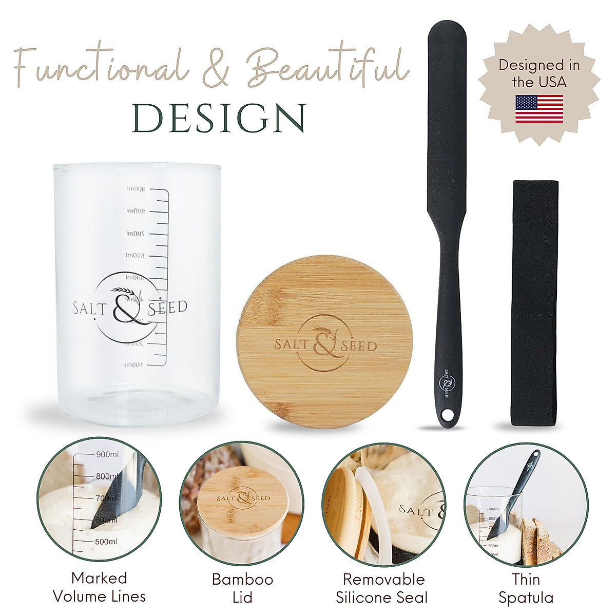 Essential Sourdough Starter Jar Kit (34 oz.) - Sourdough Jar Wide Mouth with Black Silicone Spatula, Elastic Tracking Band, and Bamboo Lid- Sourdough Kit - Sourdough Starter Kit Beginners