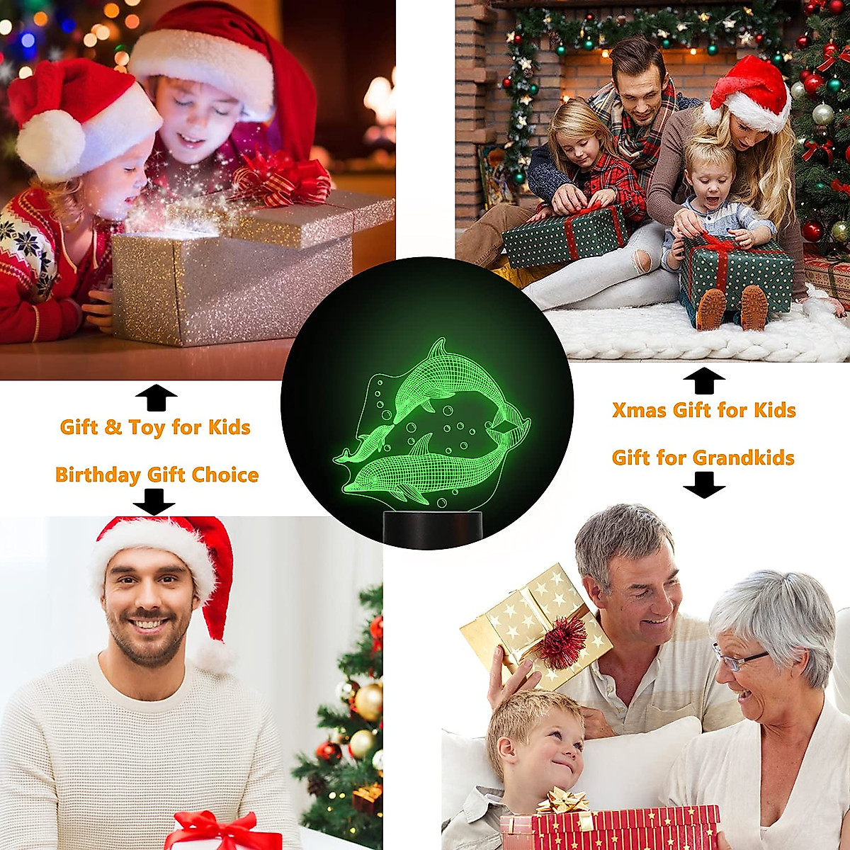 FULLOSUN Dolphin Gifts, 3D Illusion Lamp, Dolphin Night Light for Bedroom Decoration Fashion Style Gifts for Birthday Xmas with Remote Control 16 Color Change + Dim Function + 4 Flash Mode