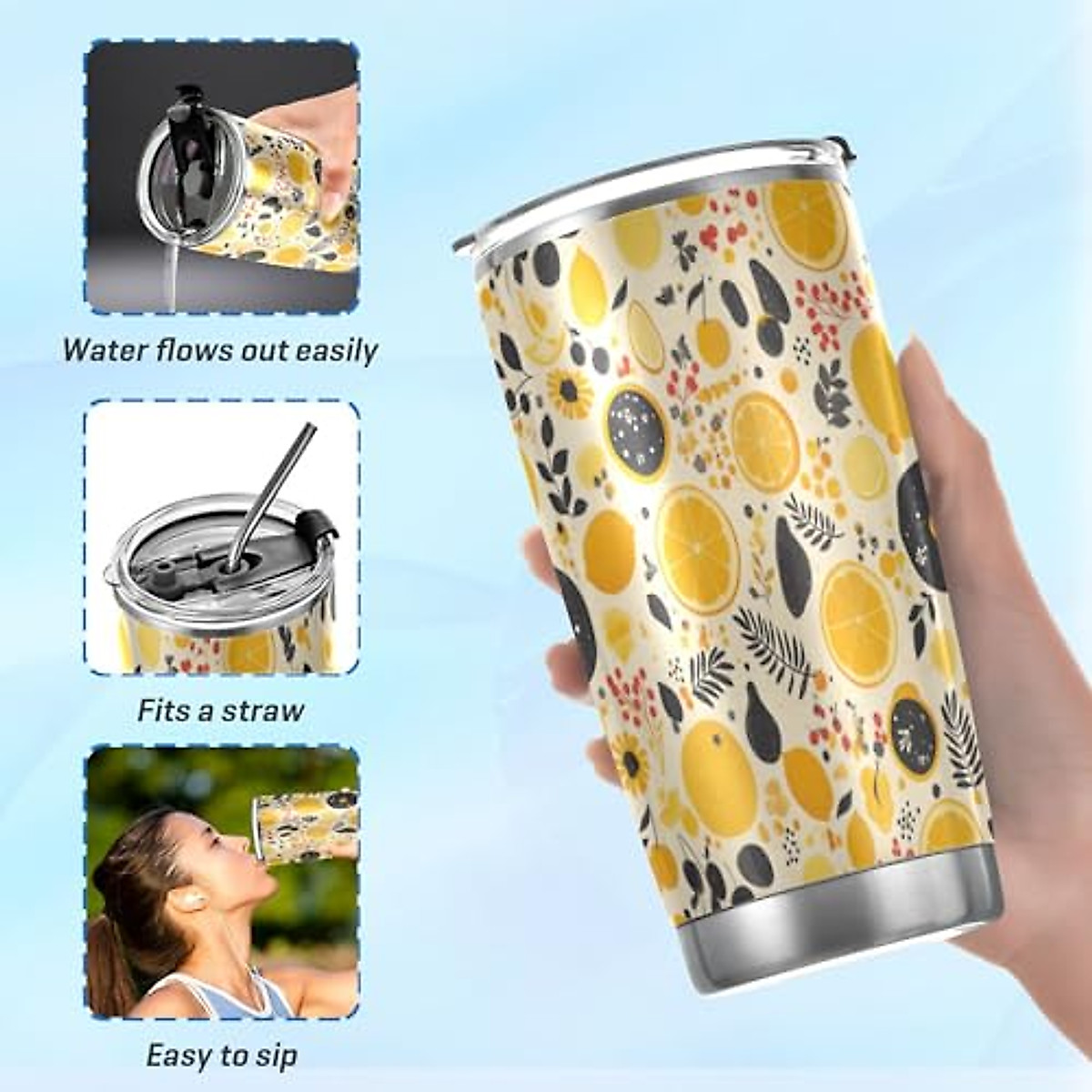 Yellow Summer Lemon Fruit Party Stainless Steel insulated water bottle with straw with Lid and Straw coffee travel mug for outdoor portable tumblers with lids and straws vaso para cafe 20oz