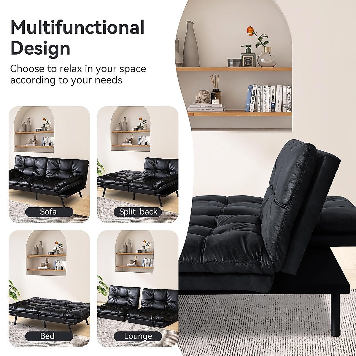 Hcore, Convertible Sleeper, Memory Foam Futon Couch,Loveseat Bed,Small Splitback Modern Sofa Sofabed, Standard Black