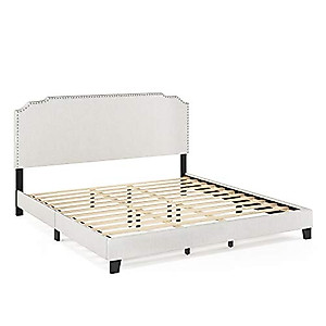 Furinno Nadia Nailhead Trim Bed Frame, King, Gray