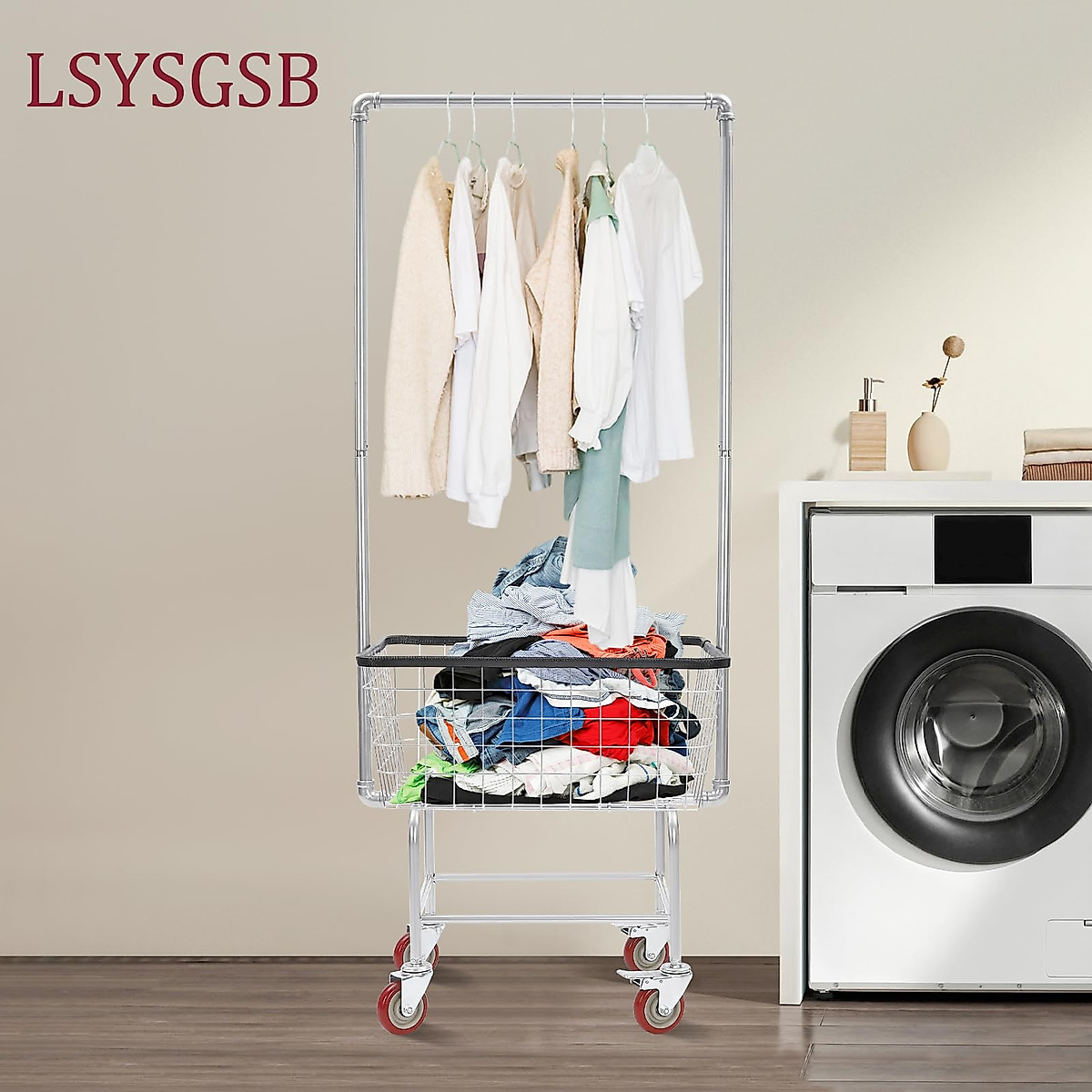 Wire Laundry Cart with Hanging Rack, Wire Laundry Basket With Wheels 27''x22''x67'', Commercial Wire Laundry Basket Cart With drying rod, Galvanized Steel Frame with 5'' Casters, Wire Basket Cart