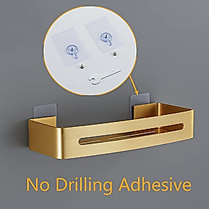Brushed Gold Shower Shelf Adhesive or Drilling Shower Caddy Bathroom Cosmetic Shelf with Hooks