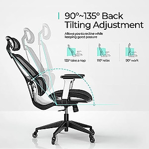 LINSY HOME High-Back Office Chair, Swivel Ergonomic Task Chair with Adjustable Headrest and Arms, Lumbar Support and PU Wheels, Computer Mesh Chair for Home Office, Black