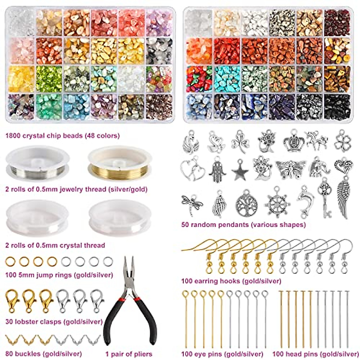 Quefe 2360pcs 48 Colors Crystals Beads for Ring Making Kit, Gemstone Chip Irregular Natural Stone with Jewelry Making Supplies for DIY Craft Necklace Bracelet Earrings