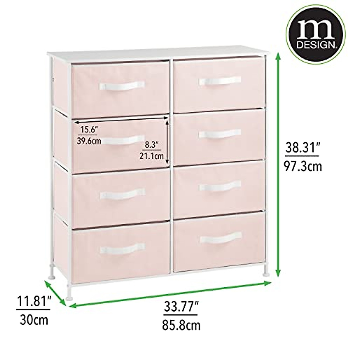 mDesign 38.31" High Steel Frame/Wood Top Storage Dresser Furniture, 8 Fabric Drawers, Large Bureau Organizer for Baby, Kid, Teen Bedroom, Nursery, Playroom, Dorm, Jane Collection, Pink/White
