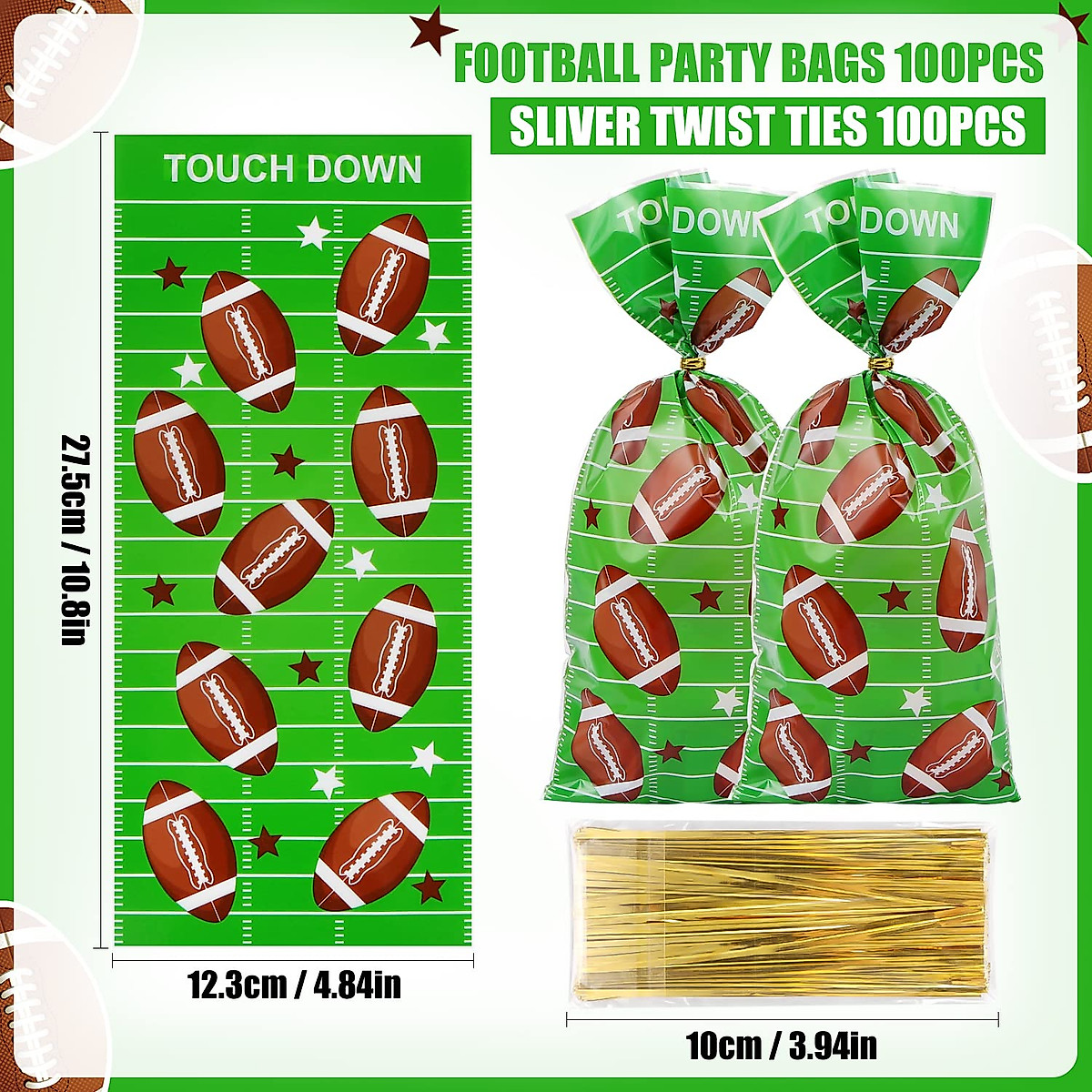 EVERMARKET 100 Pcs Football Goodie Bags Football Party Favors Treat Bags Cellophane Gift Bags Candy Bags with 100 Twist Ties for Football Theme Baby Shower Birthday Decors Sports Event Party Supplies