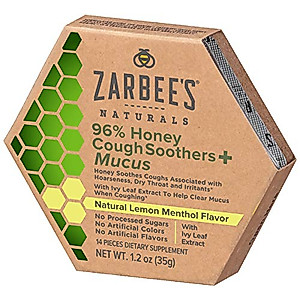 Zarbee's Naturals 96% Honey Cough Soothers + Mucus with Ivy Leaf Extract, Lemon Menthol Flavor,16.8 Oz,14 Count