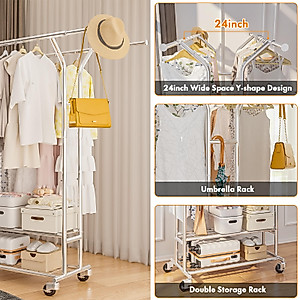 Heavy Duty Clothing Racks For Hanging Clothes, 600lbs Load Capacity Rolling Clothing Rack with Wheels, Double Rail Clothing Garment Racks, Adjustable Rack for Clothes