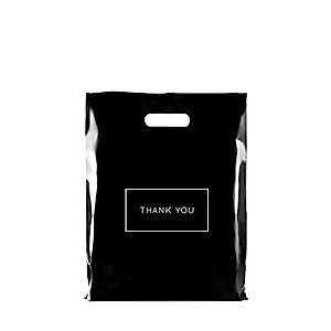 Purple Q Crafts Die Cut Plastic Shopping Bags with Thank You Logo 9" x 12" Boutique Bags with Handles 50 Pack for Merchandise, Gifts, Trade Shows and More