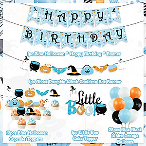 Blue Halloween Baby Shower Decorations, Boys Halloween Happy Birthday Banner Ghost Little Boo Cake Topper & Balloons for Halloween Theme Baby Shower The Spooky One Happy Boo Day Party Supplies