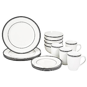 Amazon Basics 16-Piece Cafe Stripe Kitchen Dinnerware Set, Plates, Bowls, Mugs, Service for 4, Black & Non-Stick Cookware Set, Pots and Pans - 8-Piece Set