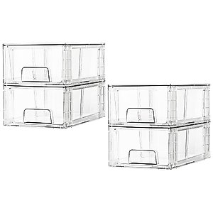 4 Pack Stackable Storage Drawers,Clear Acrylic Drawer Organizers with Handles, Easily Assemble for Fridge, Bathroom,Kitchen Undersink,Cabinet,Pantry organization and Storage