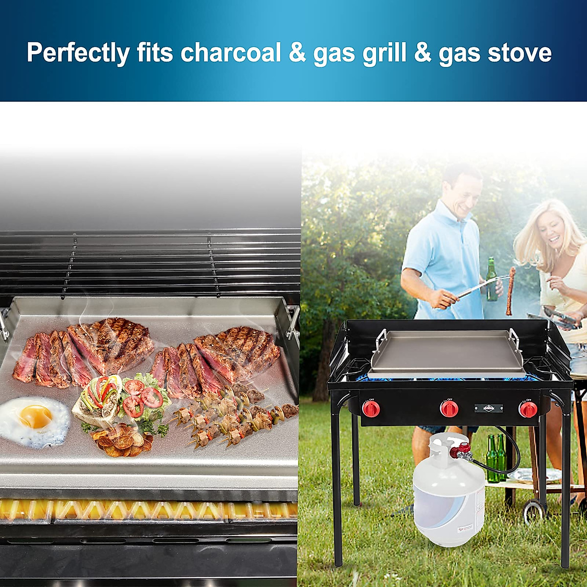 Griddle for Gas Grill, Metal Flat Top Griddle Insert for Outdoor Gas Grill, 25" x16" Cooking Skillet Plate Pan Teppanyaki for Charcoal/Electric Grills Fits Camping Outdoor Tailgating Parties Grilling